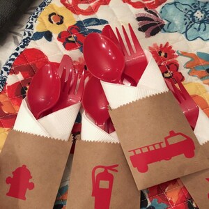 Fireman Cutlery Bags - Firetruck Birthday Decorations, Firefighter ...