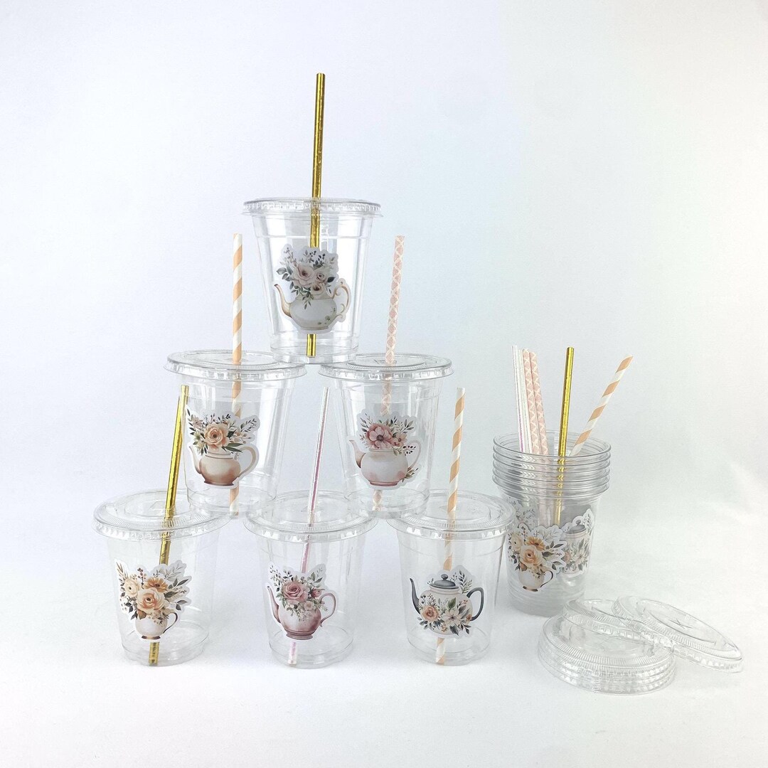 Floral Teapot Cups - Plastic Drink Cups, Garden Birthday Cups, Floral ...