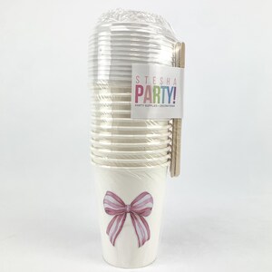 Pink Bow Paper Drink Cups - Hearts & Stripes, Sweetheart Birthday ...