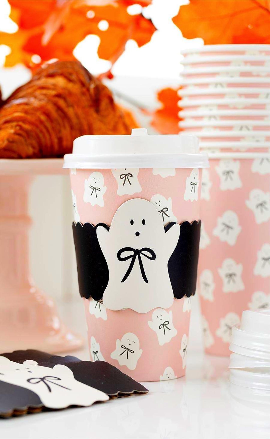 Pink Bow Ghosts To-go Paper Cups – 8 Halloween Party Cups With Lids ...