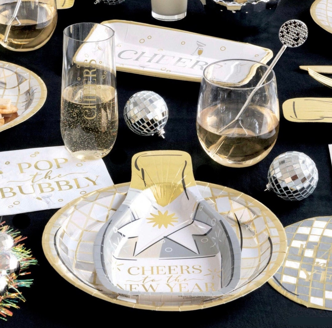 Champagne Bottle Plates - Cheers the New Year, NYE Party Plates, New ...