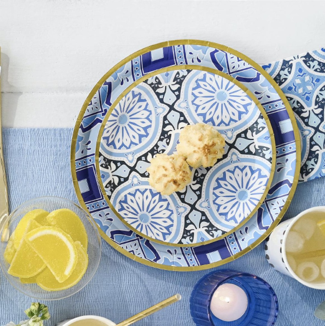 Patterned Blue Dessert Plates 10ct Lemon Bridal Shower Mediterranean ...