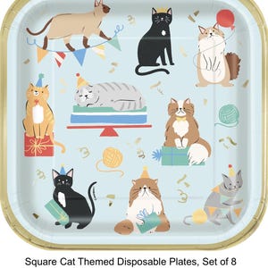 Cat Birthday Paper Plates 9" – 8 Ct Dinner Plates With Gold Foil, Kitty ...