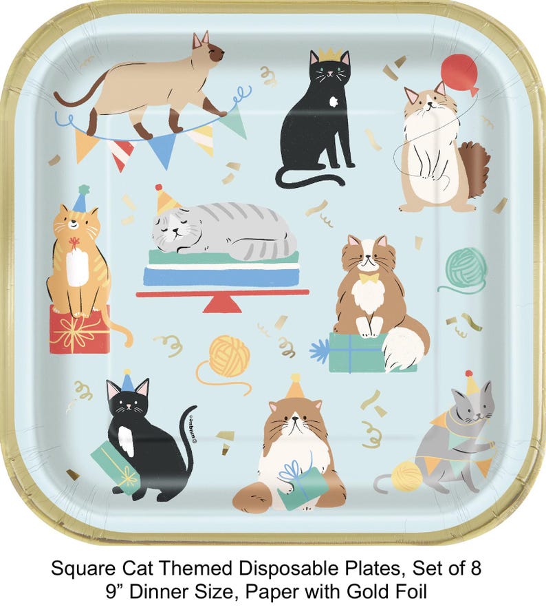Cat Birthday Paper Plates 9" – 8 Ct Dinner Plates With Gold Foil, Kitty ...