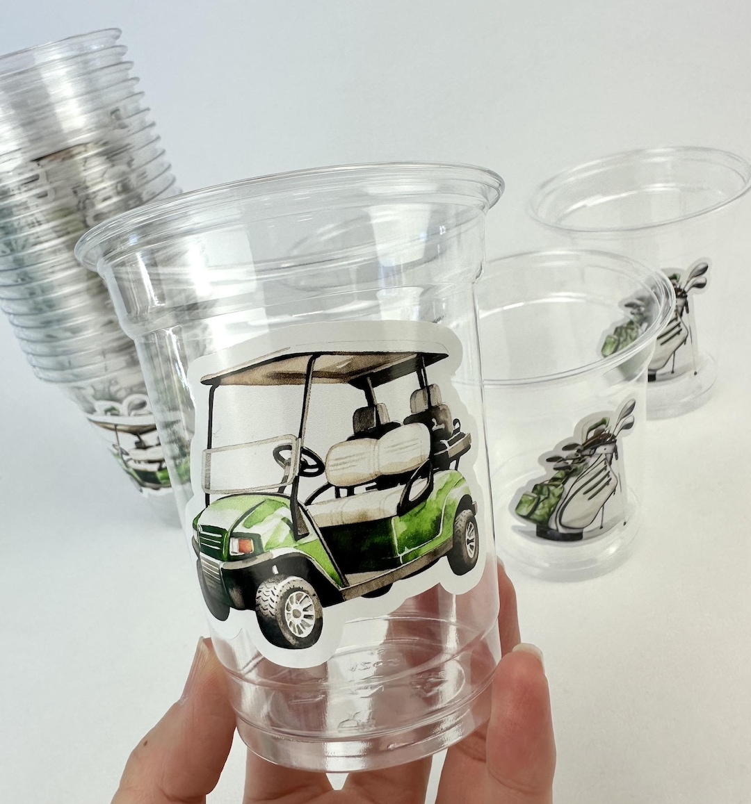 Golf Party Cups 24ct 12oz Clear Plastic Cups With Green Golf Cart & Bag ...