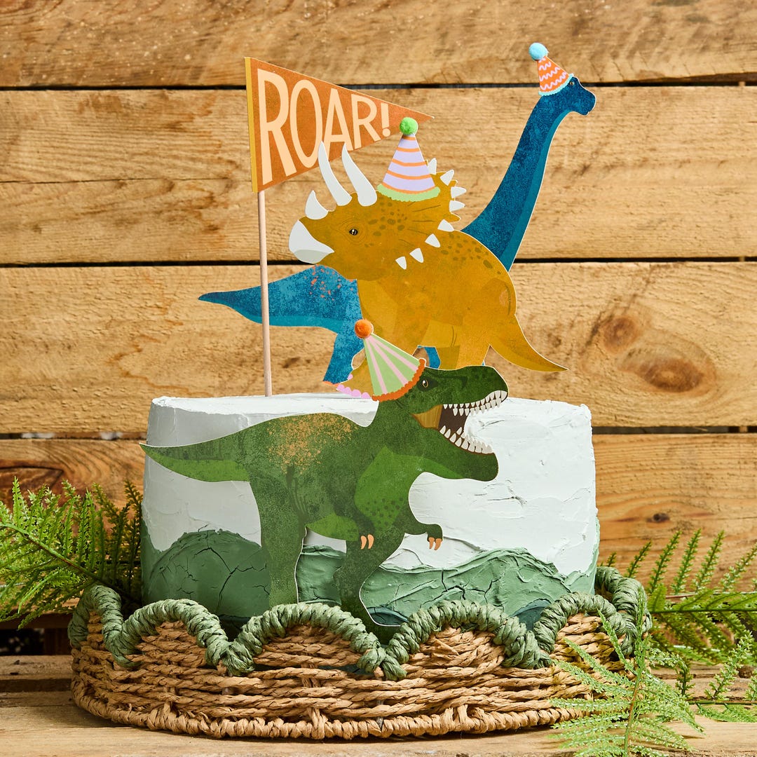 Dinosaur Cake Toppers for Kids Birthday – 4 Pack With Roar Flag, T-rex ...