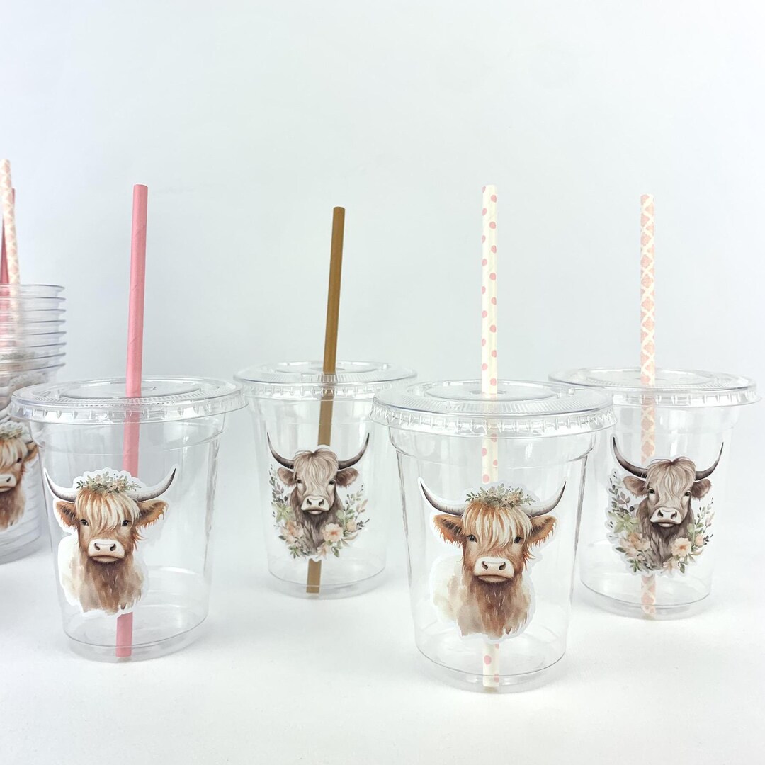 Floral Highland Cow Cups - Rustic Bridal Shower, Cow Birthday Favor ...