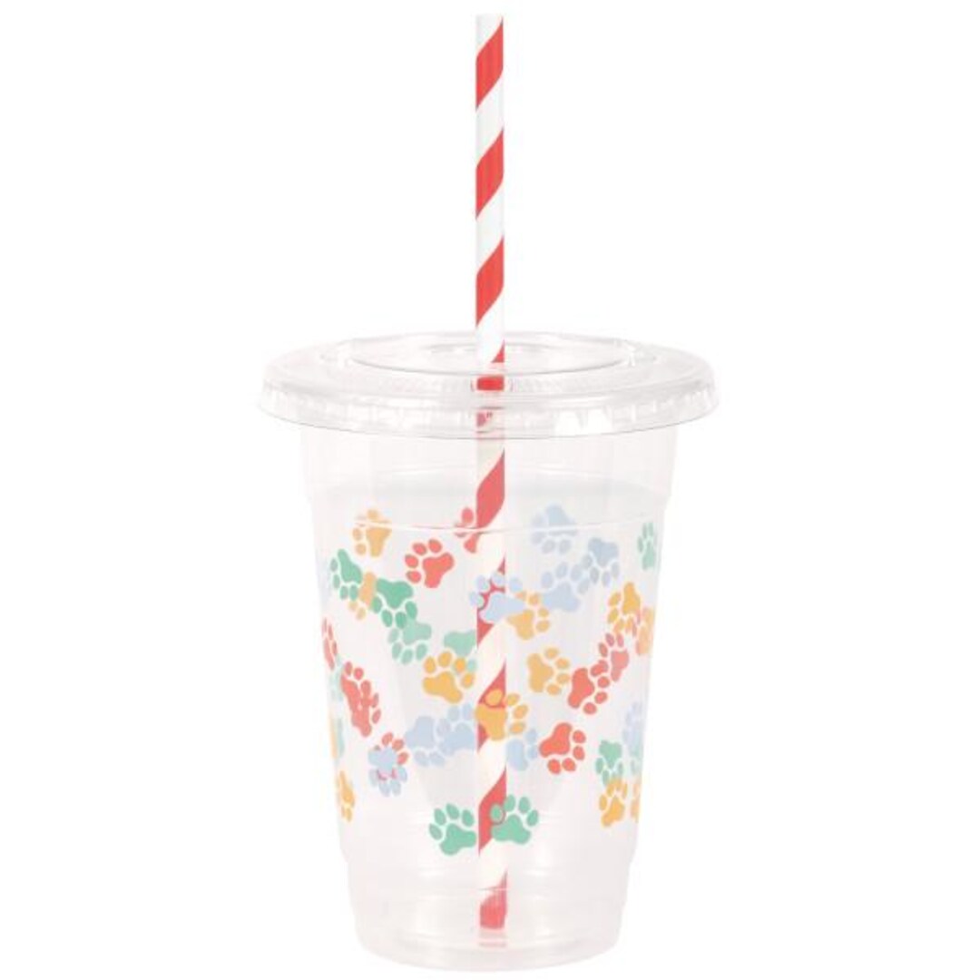 Paw Print Plastic Cups With Lids & Straws 8ct – 16oz Party Cups for Dog ...