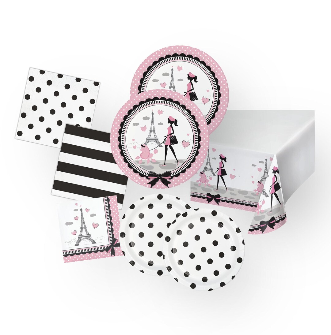 Paris Party Pack - Paper Plates, Napkins, Plastic Table Cover, Paris ...