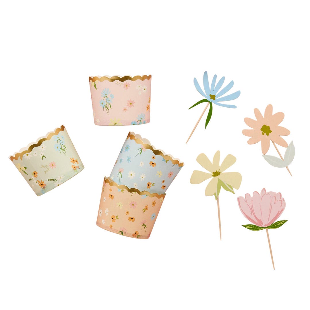 Floral Food Cups & Picks Set 12ct – Cupcake Wrappers + Flower Toppers ...