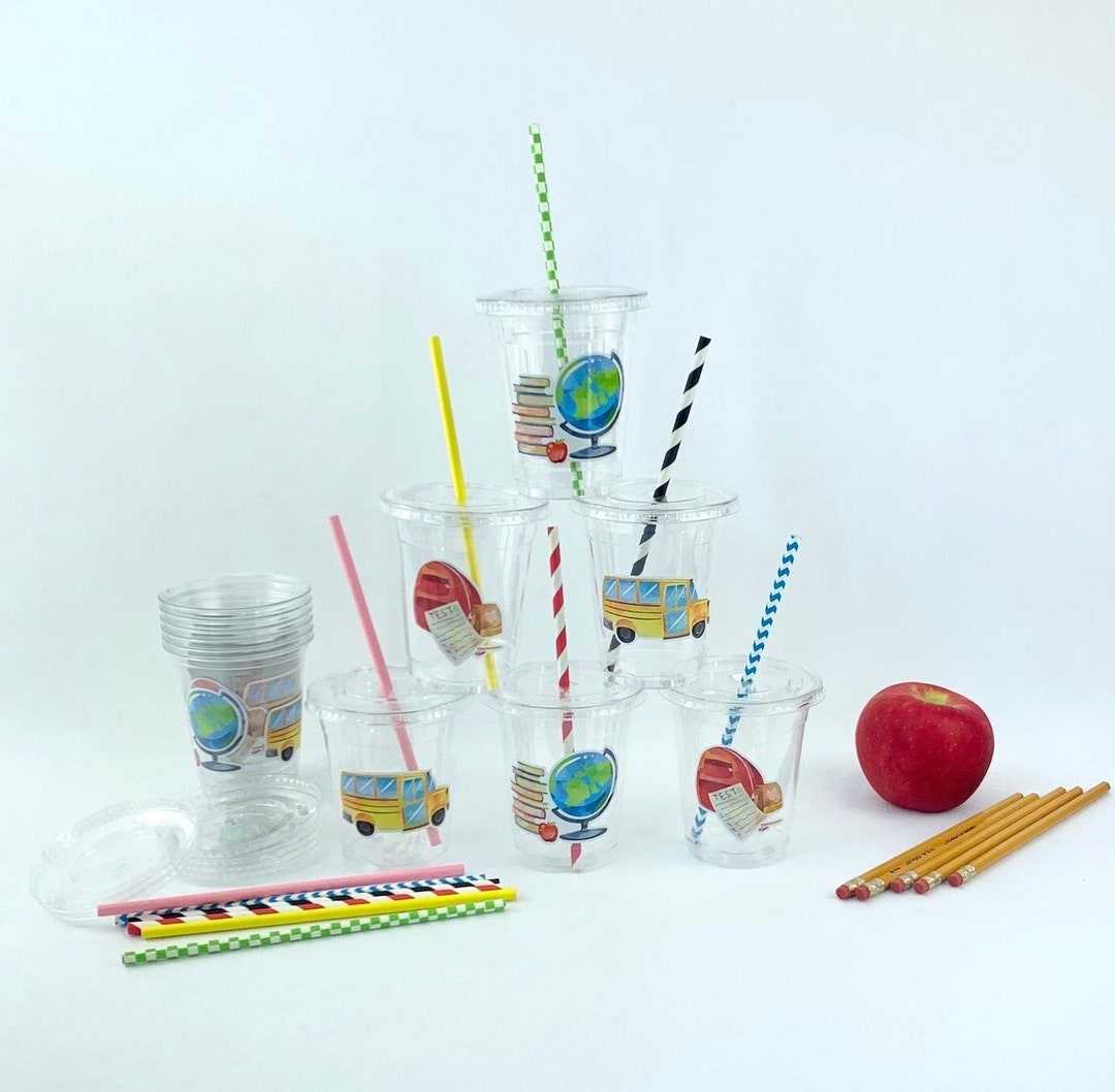 Back to School Party Cups - Plastic Cups With Lids, Back to School ...