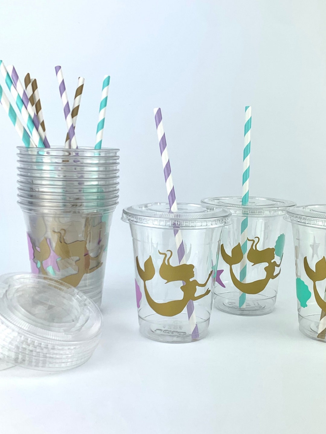 Mermaid Plastic Cups With Lids & Straws, Mermaid Birthday Cups, Mermaid ...