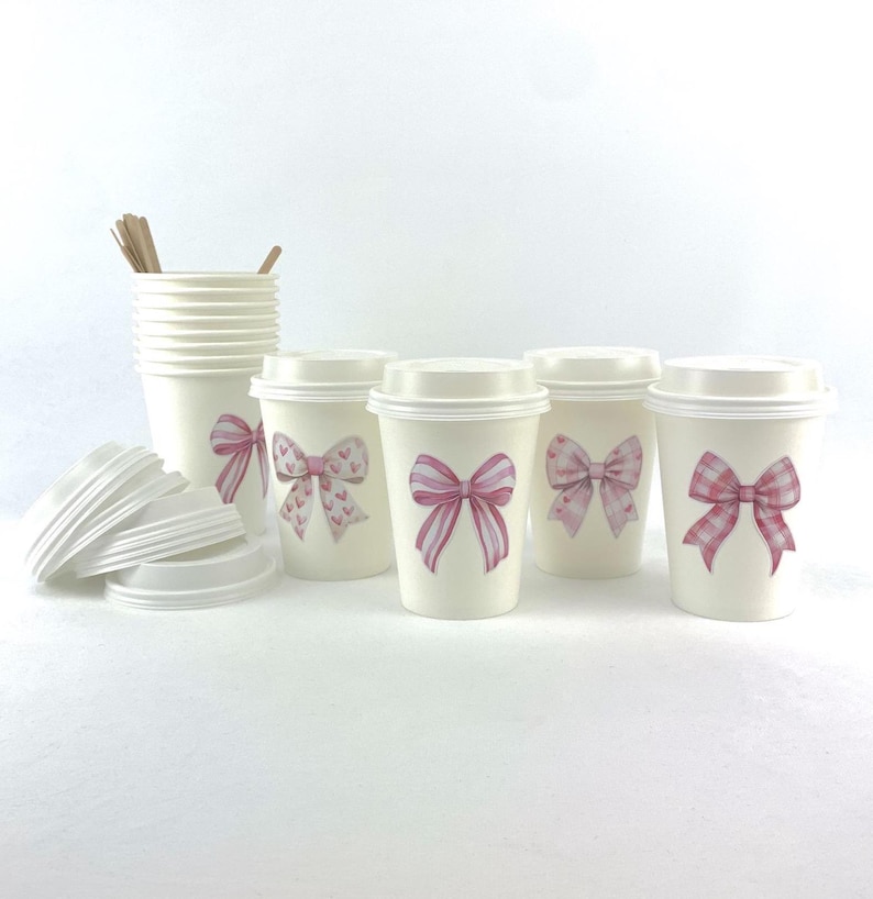 Pink Bow Paper Drink Cups - Hearts & Stripes, Sweetheart Birthday ...