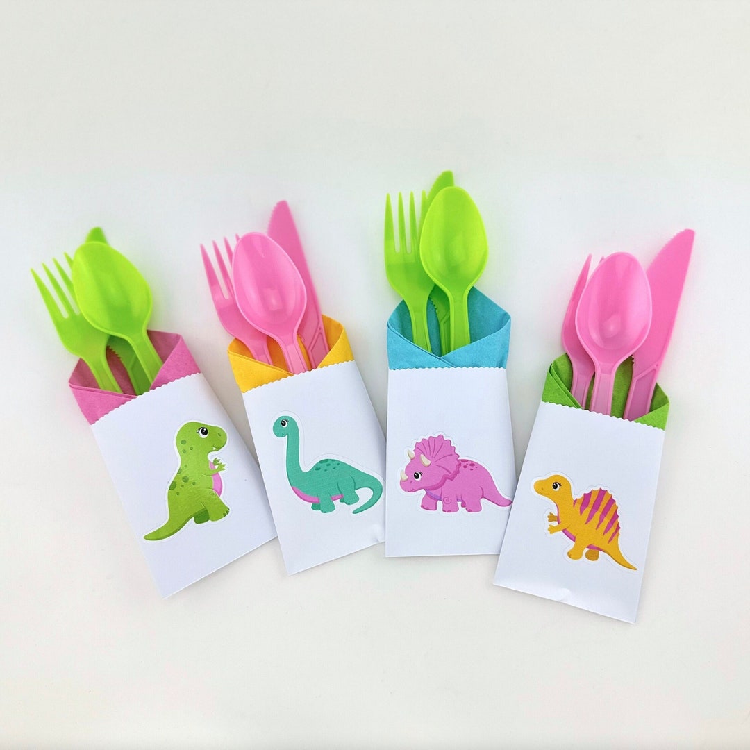 12-set Pink Dinosaur Party Cutlery - Girl Dinosaur Birthday, Pink ...