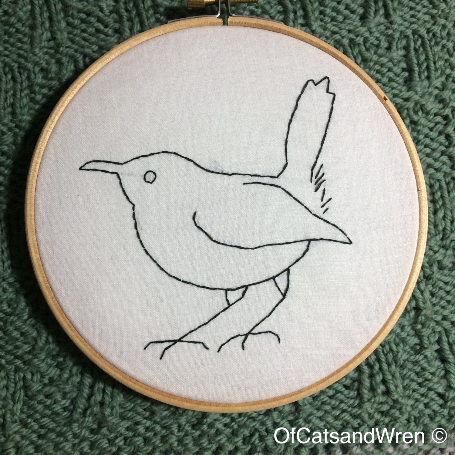 Wren - Embroidered Simple Line Drawing - Original Bird Fabric Artwork ...
