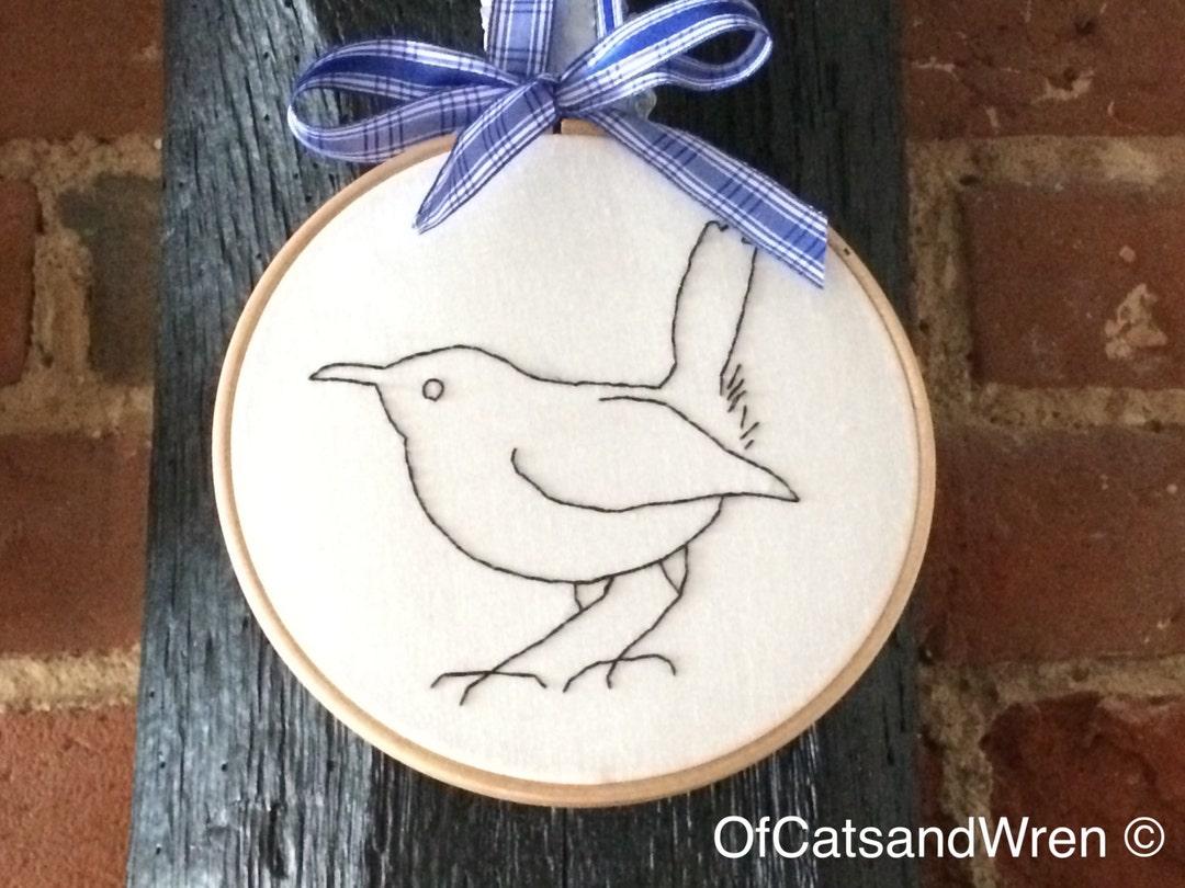 Wren - Embroidered Simple Line Drawing - Original Bird Fabric Artwork ...