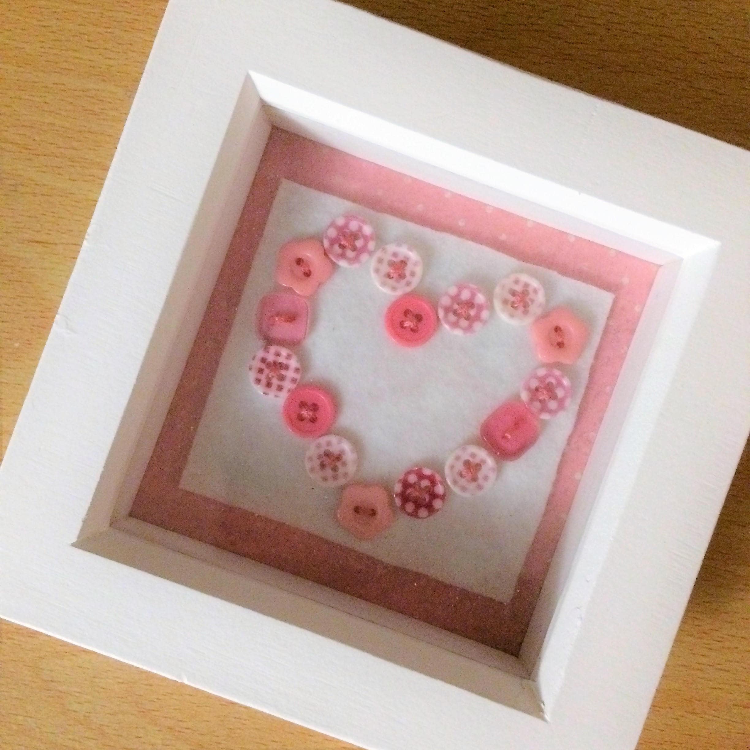 Pink Button Heart in White Wooden Shadow Box Frame Handmade - Etsy
