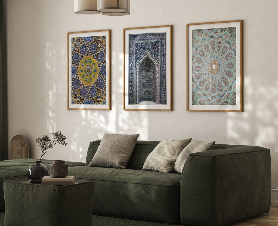 Set of 3 Blue Persian Pattern Prints, Three Piece Islamic Mosaic ...