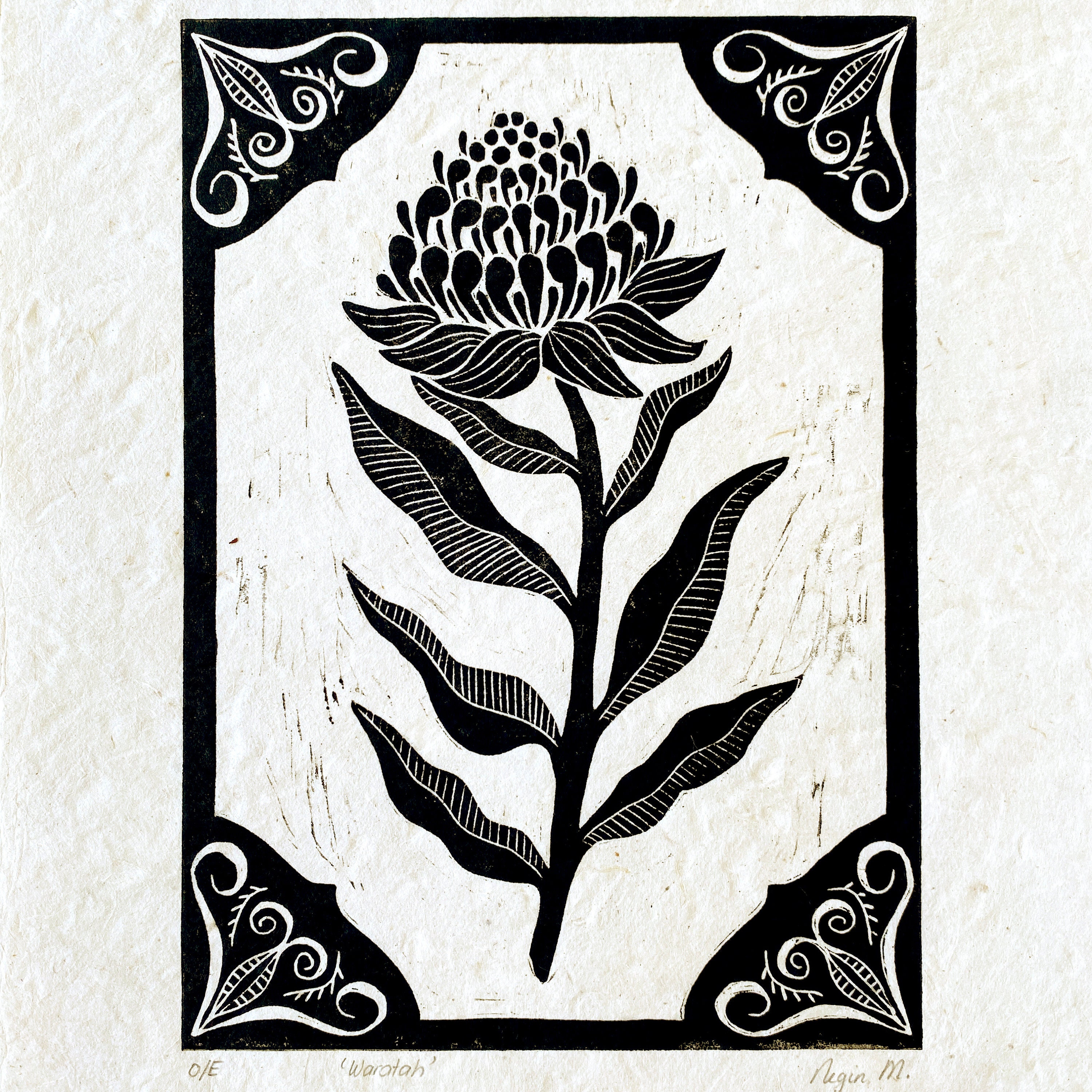 WARATAH | Nature Print | Floral Print | Linocut | Australian | Original ...