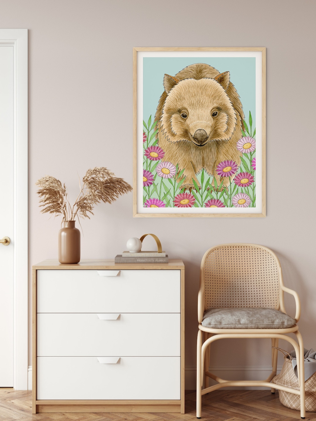Art Print, Australian, Native, Wombat, Daisy, Botanical, Watercolor ...