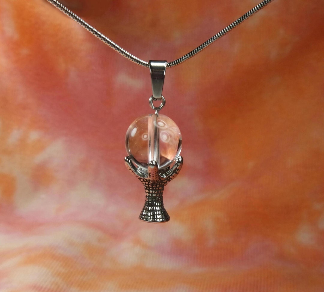 Crystal Ball Necklace, Natural Quartz Crystal Witches Eye Charm, 1" Tall Scrying Charm for ...
