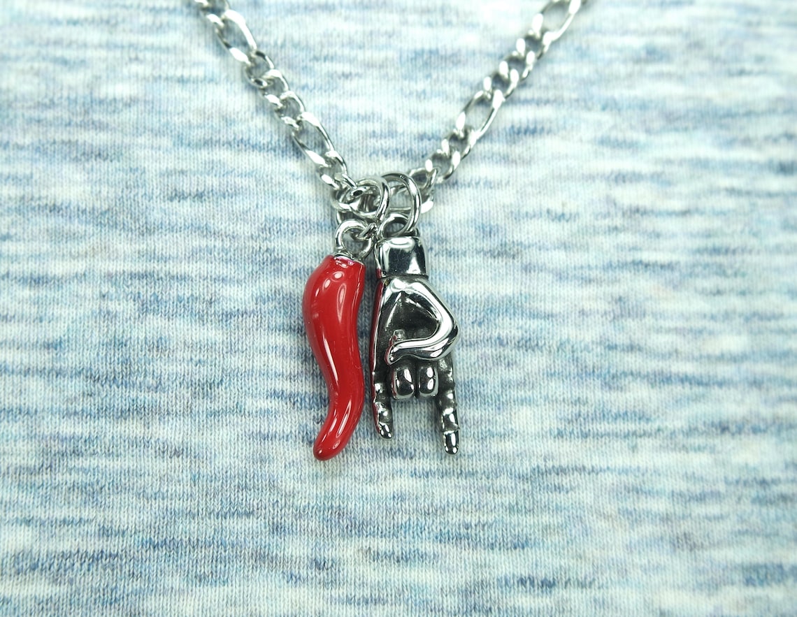 Red Cornicello and Mano Cornuto and Combo Necklace, 1" Italian Lucky ...