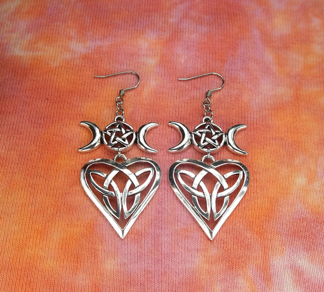 Triple Goddess Pentacle Moon W/ Celtic Knot Heart Earrings, Hypo ...