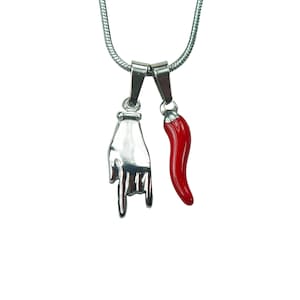 Small Red Cornicello and Mano Cornuto Necklace, Italian Lucky Hand and ...