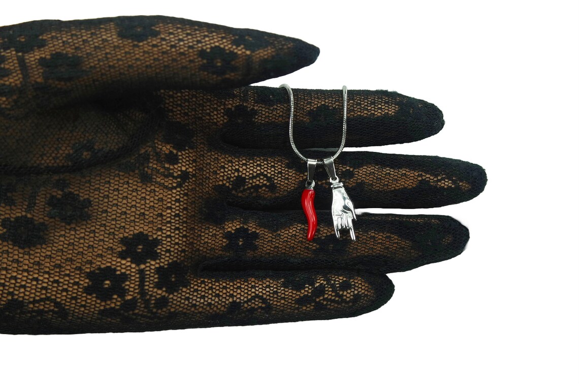 Small Red Cornicello and Mano Cornuto Necklace, Italian Lucky Hand and ...