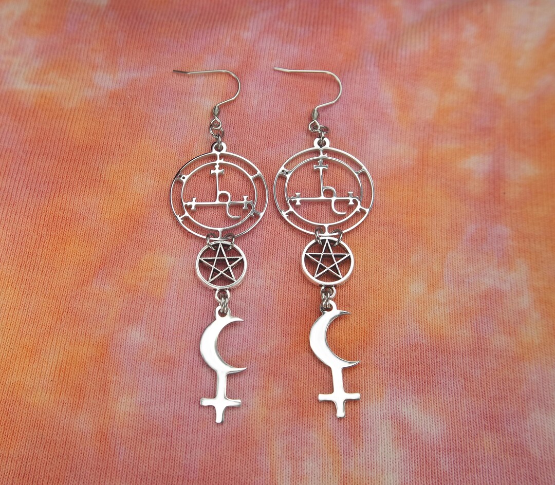 Sigil of Lilith With Pentacle and Black Moon Lilith LONG Earrings ...