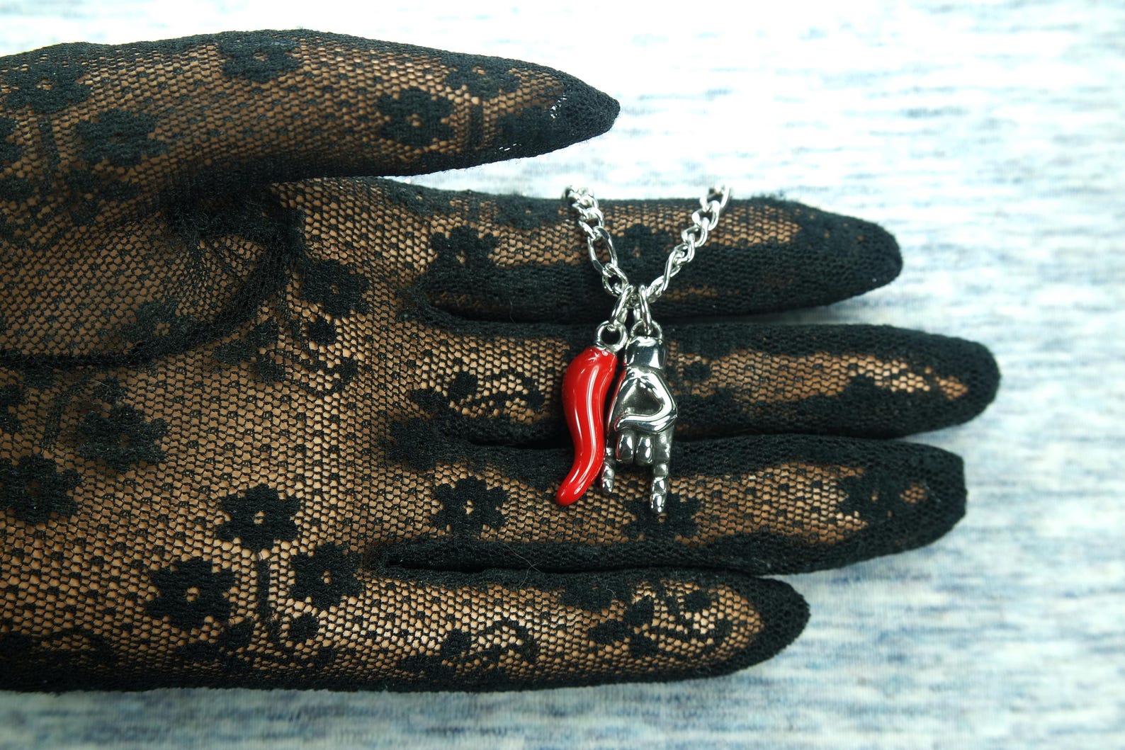 Red Cornicello and Mano Cornuto and Combo Necklace, 1" Italian Lucky ...