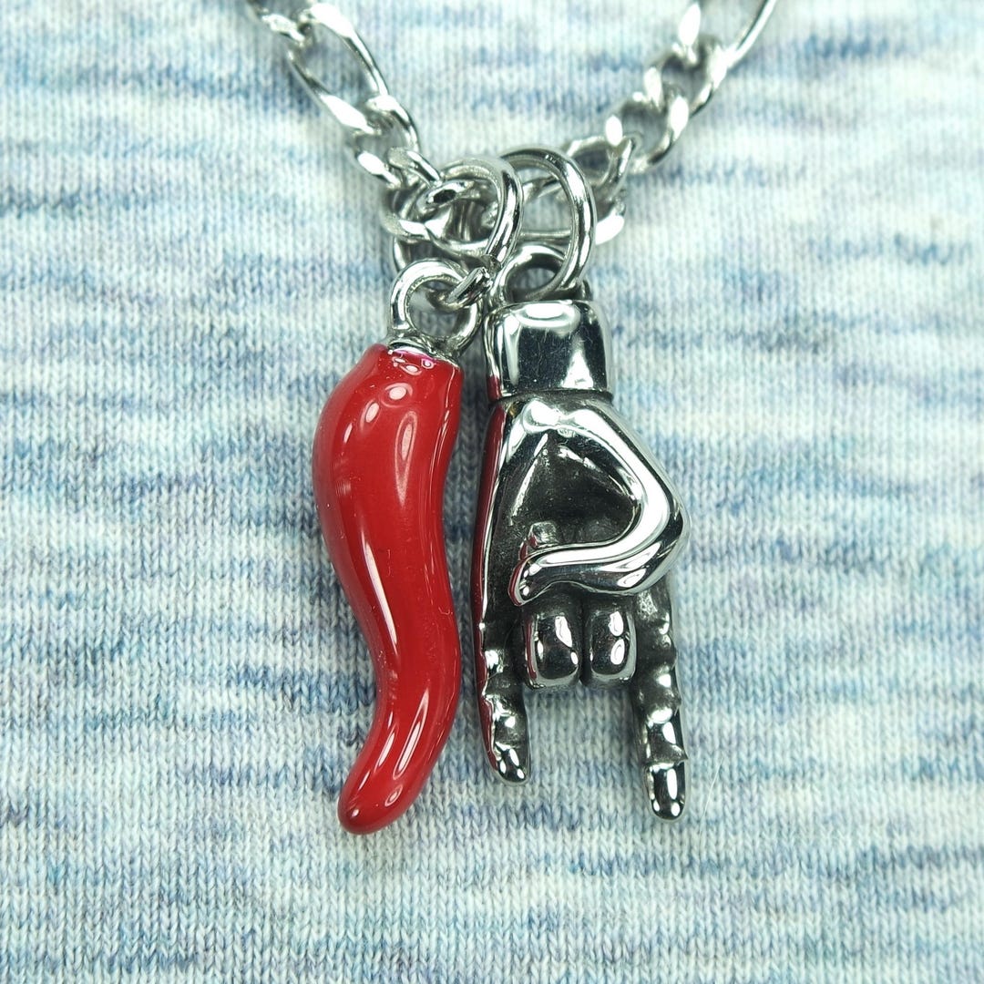 Red Cornicello and Mano Cornuto and Combo Necklace, 1" Italian Lucky ...