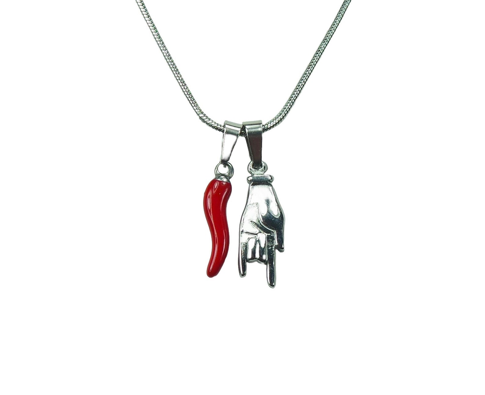 Small Red Cornicello and Mano Cornuto Necklace, Italian Lucky Hand and ...