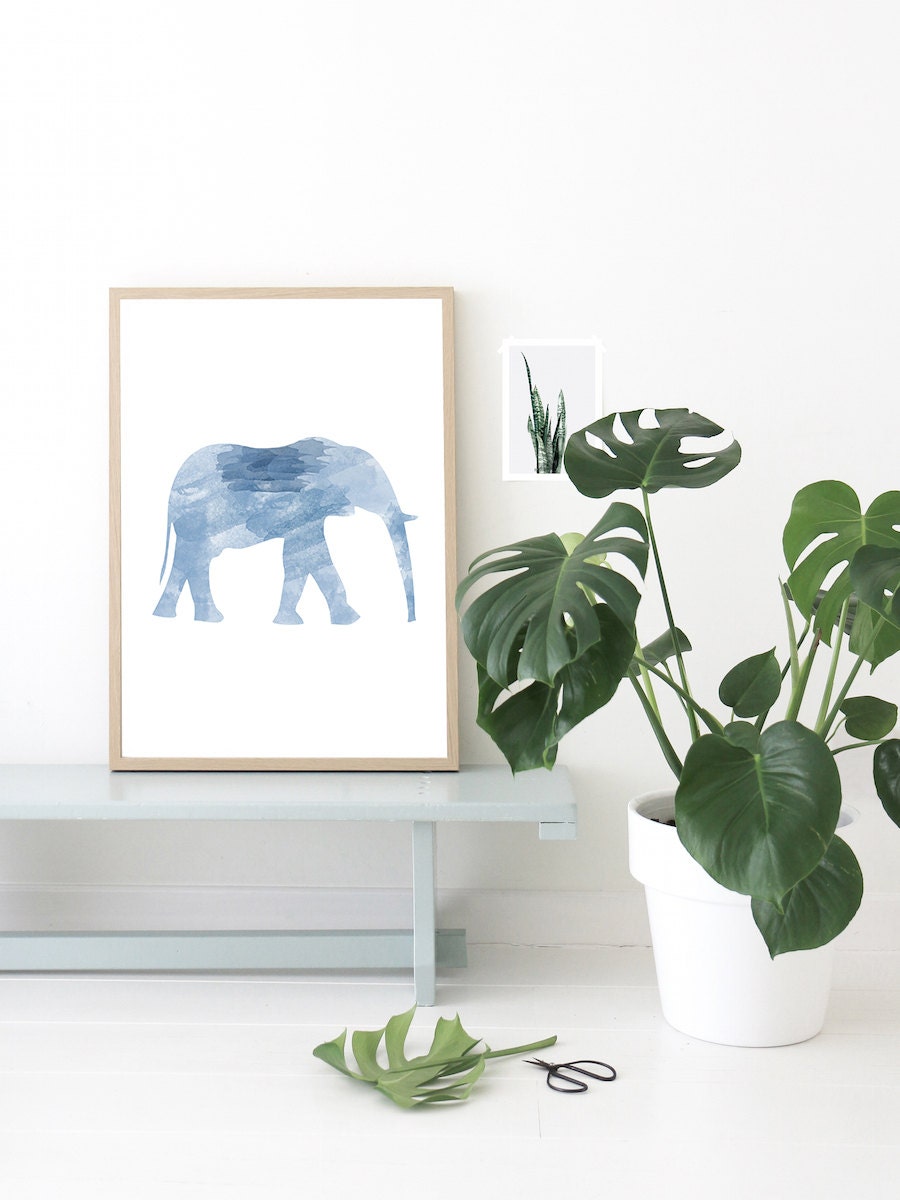 Minimalist Elephant Poster Blue Watercolor Elephant Print | Etsy