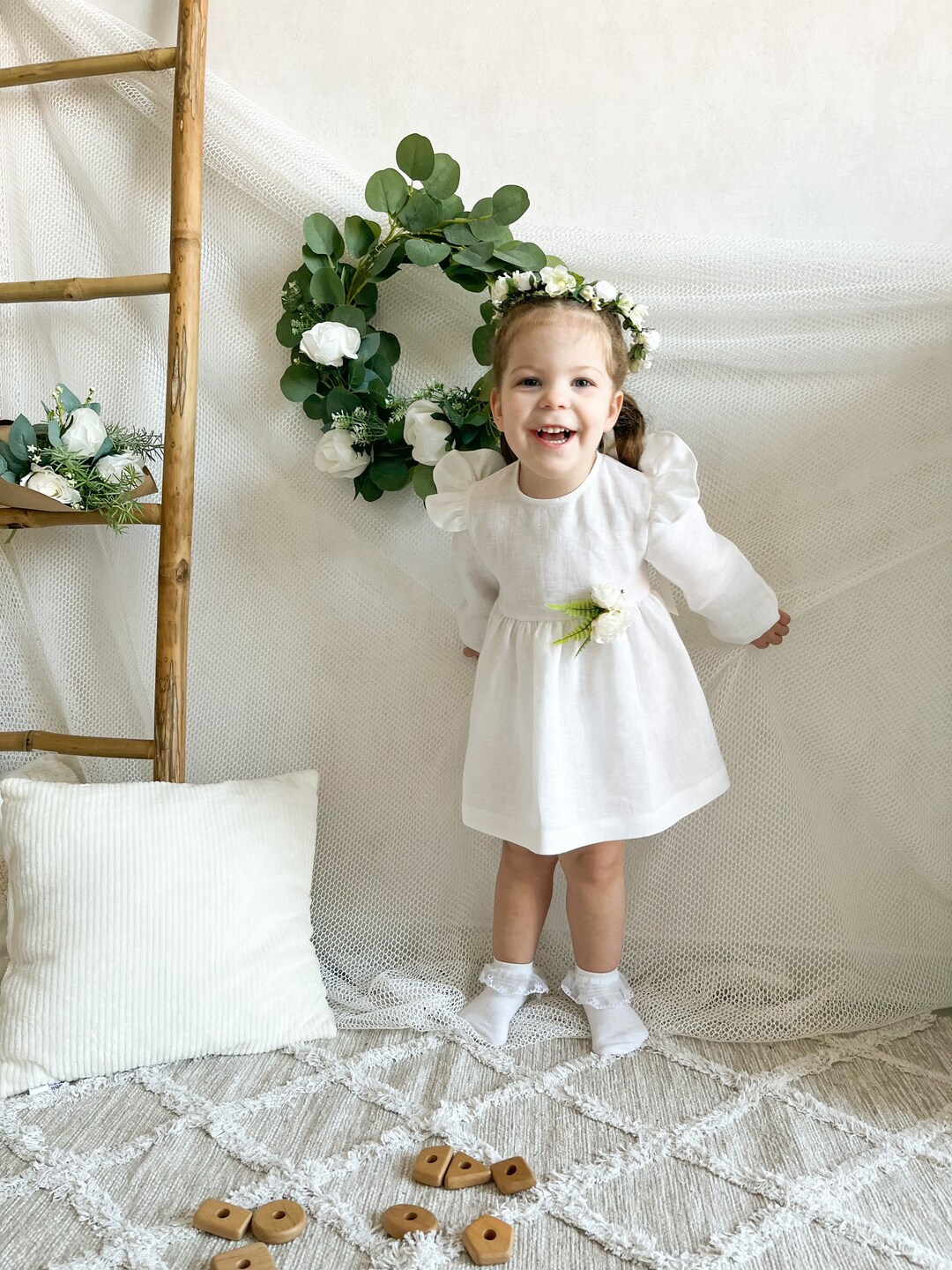 Flower Girl Dress White, Long Sleeve Linen Dress Communion Gown ...