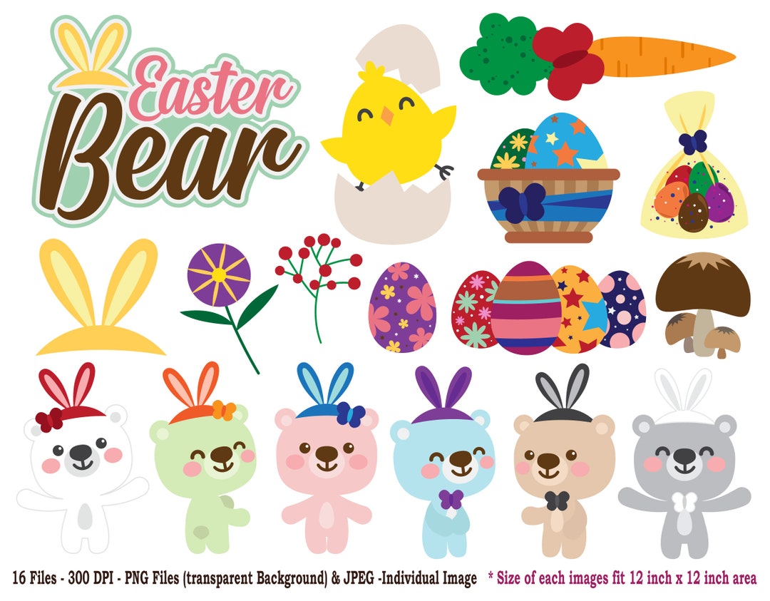 Digital Cute Bear Easter Theme Clip Art Set, Instant Download in Jpeg ...