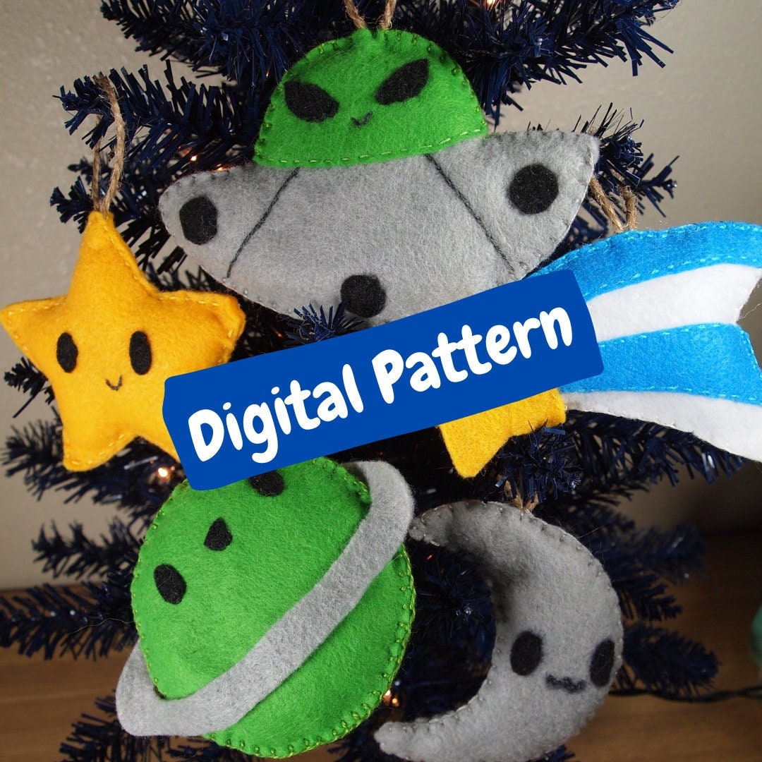 Digital Cute Outer Space Felt Ornament Pattern Set Stars, Alien, Planet ...