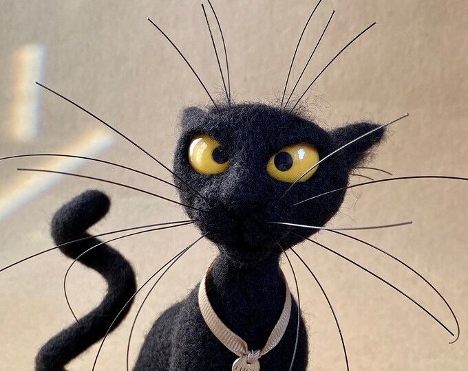Pure Black Angry Silly Cat With Orange Eyes / Handmade Needle - Etsy