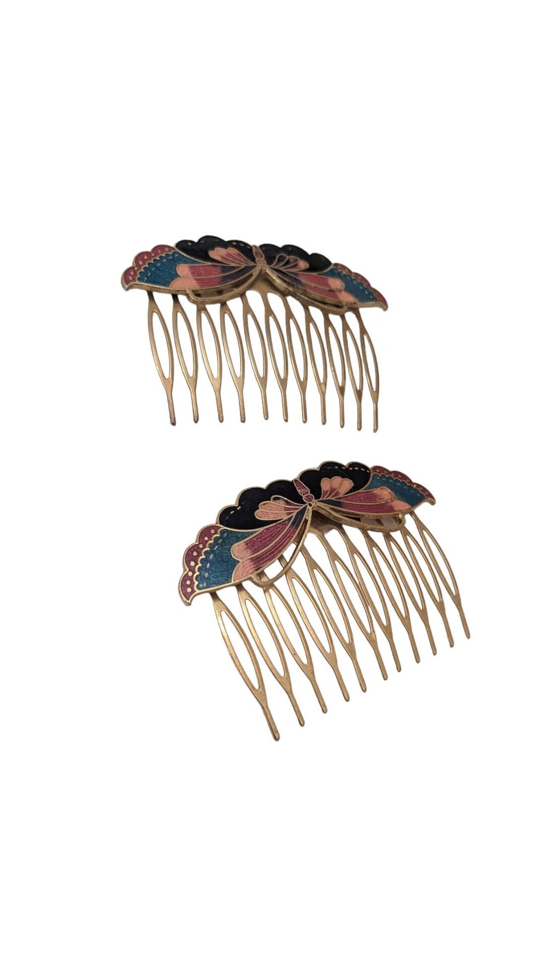Vintage Cloisonne Hair Combs Pair Vintage Enamel Blue Butterfly Jewelry ...