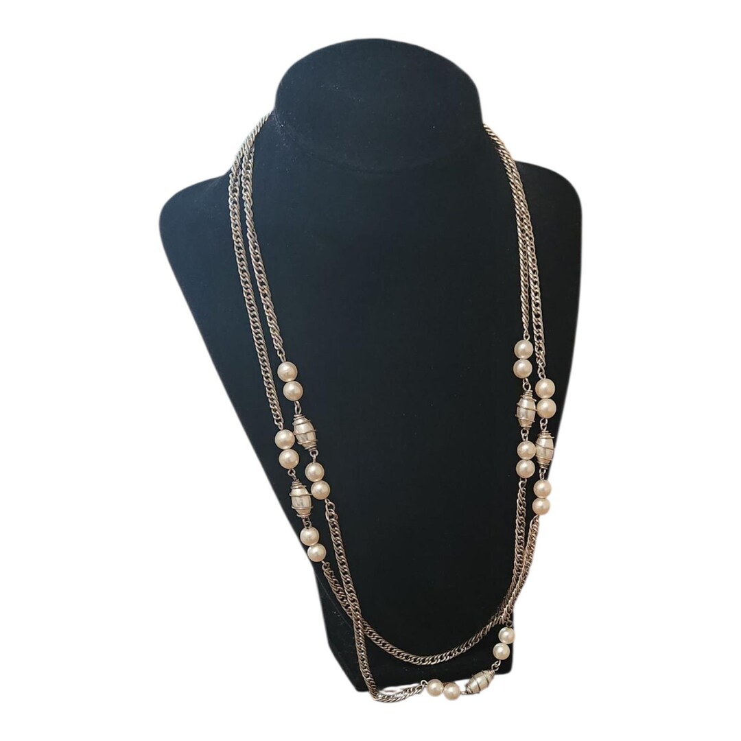 Sarah Coventry Single Strand Chain Necklace Faux Pearls Silver Tone ...