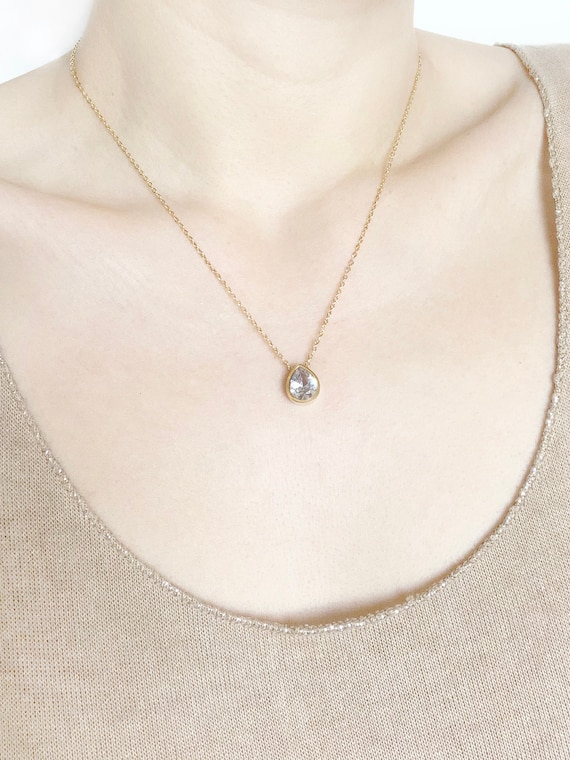 Water Drop Diamond Necklace Stainless Steel Gold - Etsy