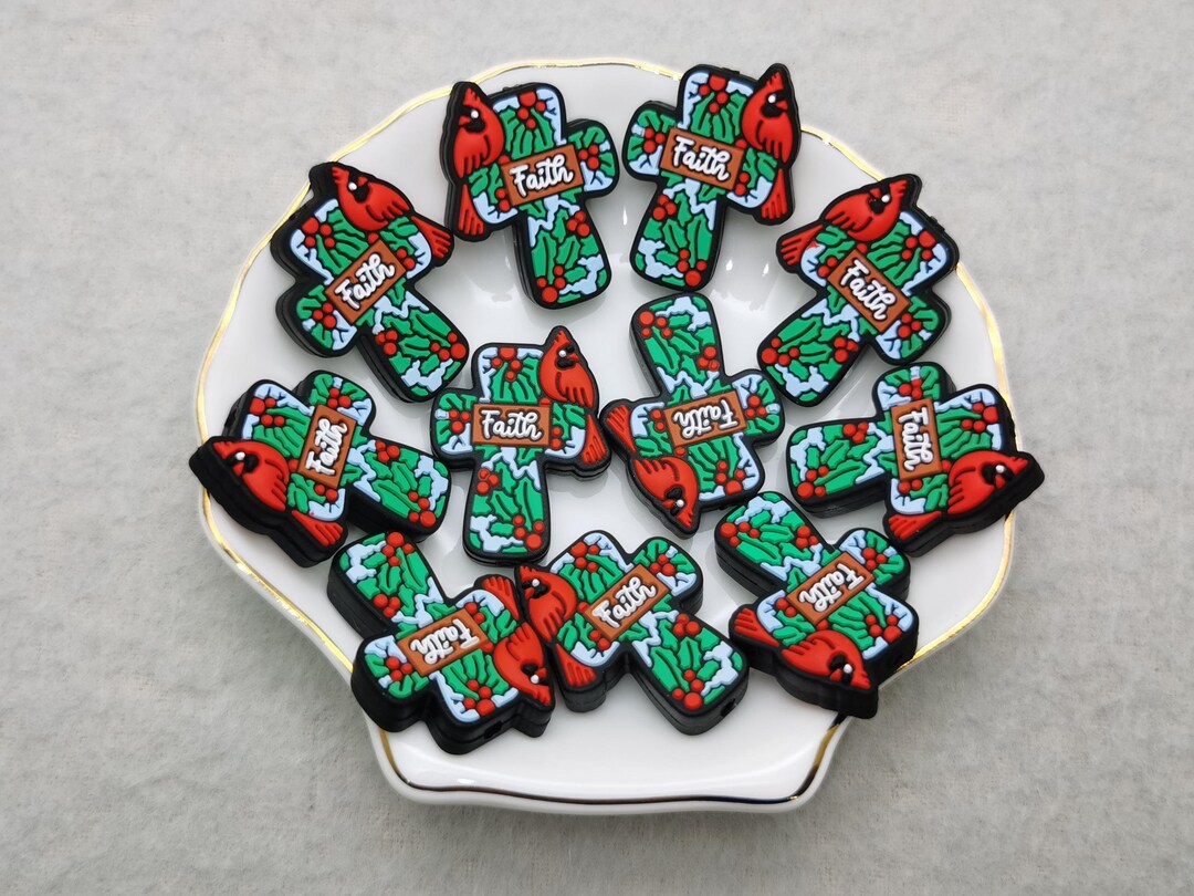 Silicone Bead Jesus Cross Faith Northern Cardinal Red Bird Focal Bead ...