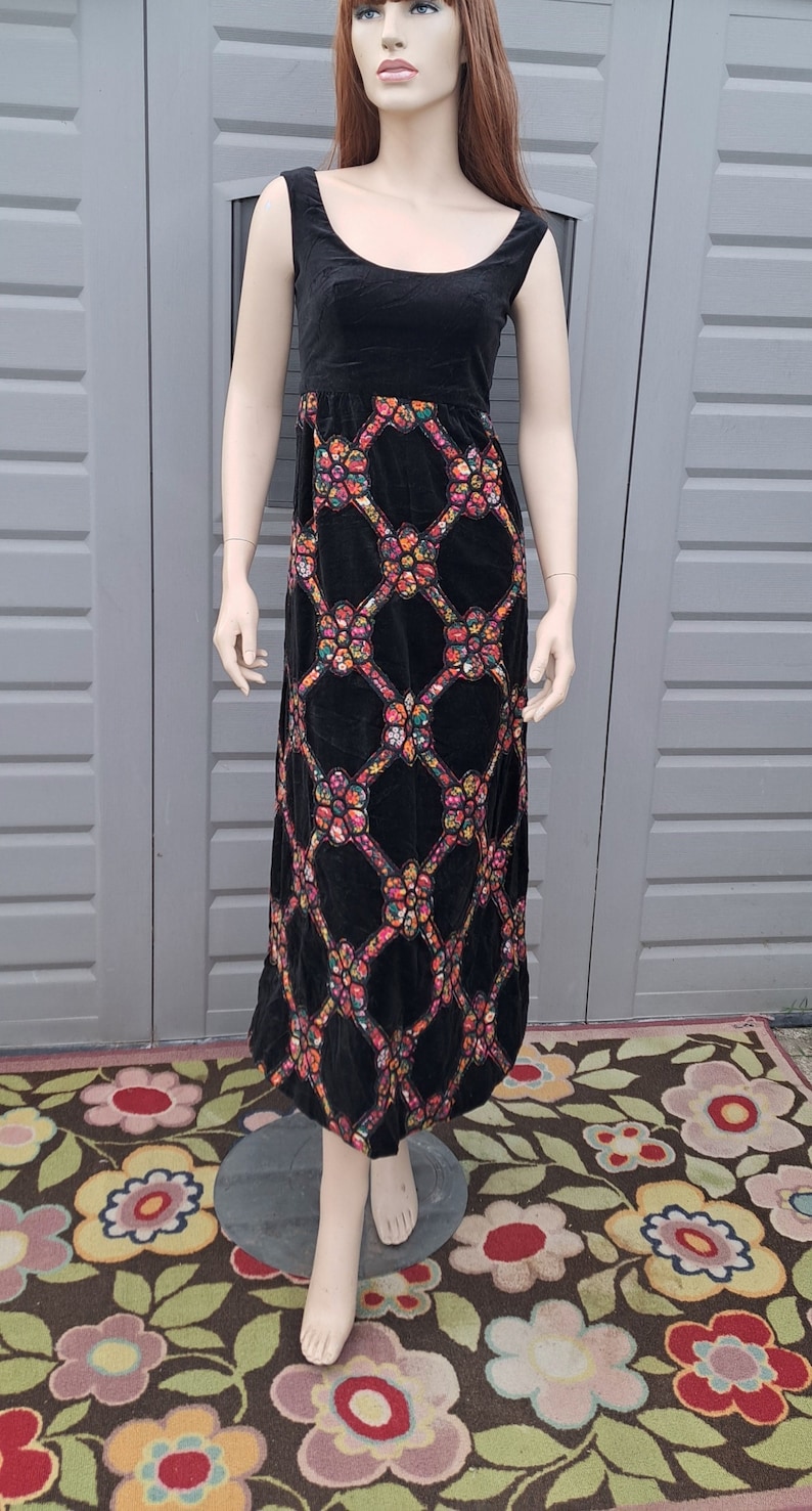 Vintage 60's 70's Beautiful Black Velvet Patchwork Maxi Dress . Sz Small - Etsy