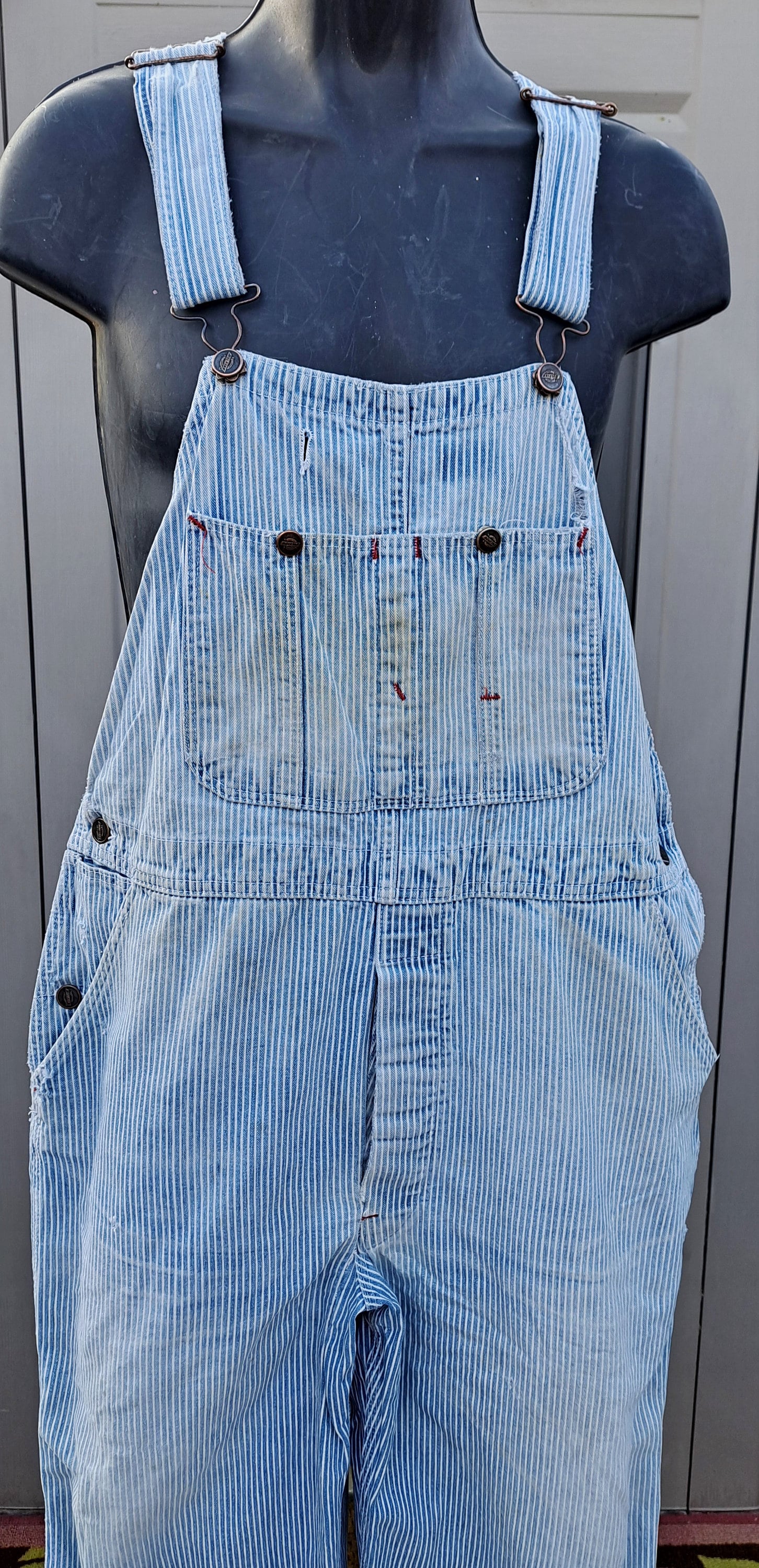 Vintage Dickies Striped Distressed Denim Overalls Capri Length up to 39 ...