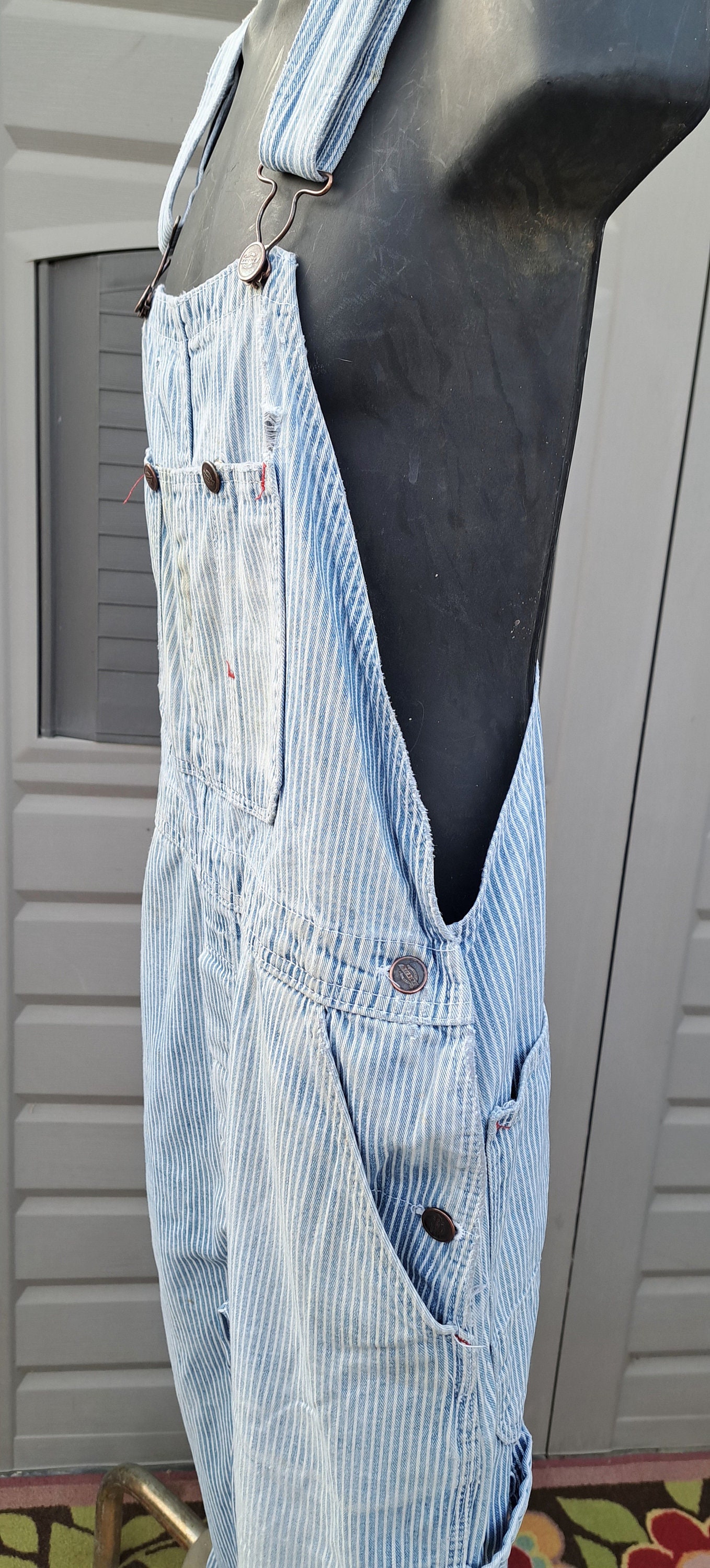 Vintage Dickies Striped Distressed Denim Overalls Capri Length up to 39 ...
