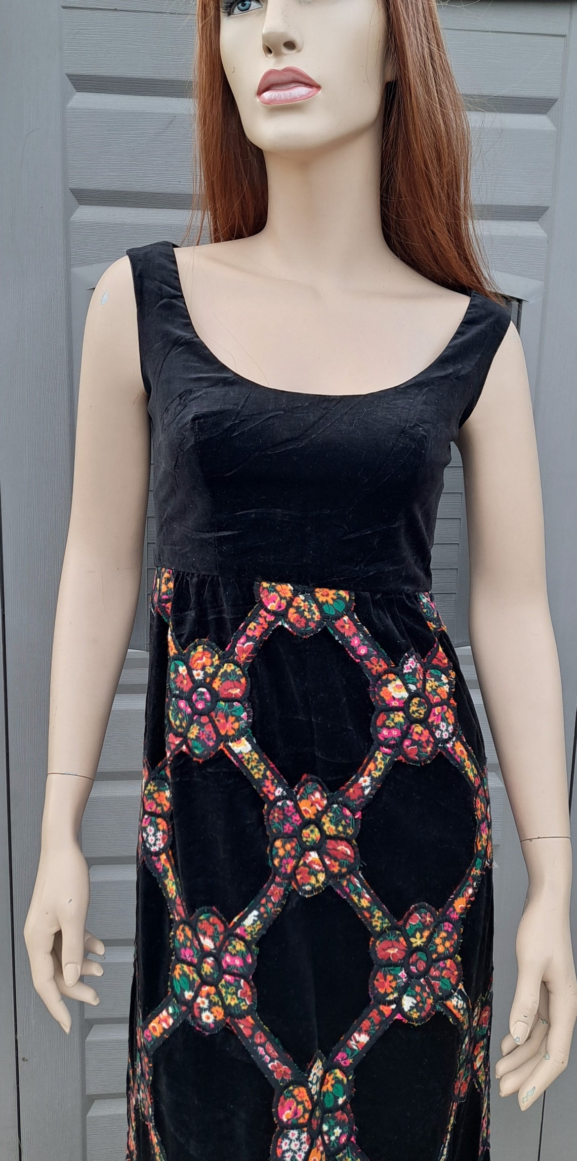 Vintage 60's 70's Beautiful Black Velvet Patchwork Maxi Dress . Sz Small - Etsy