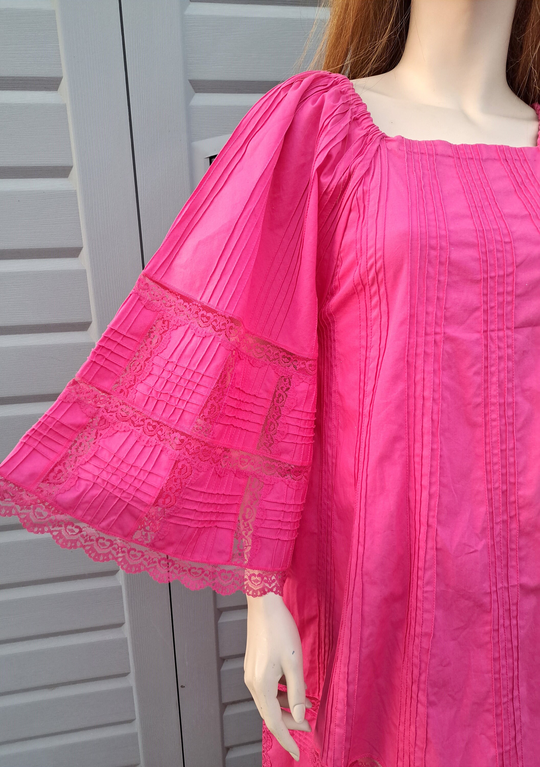 Gorgeous Hot Pink Bell Sleeves Mexican Pintuck Lace Cotton - Etsy