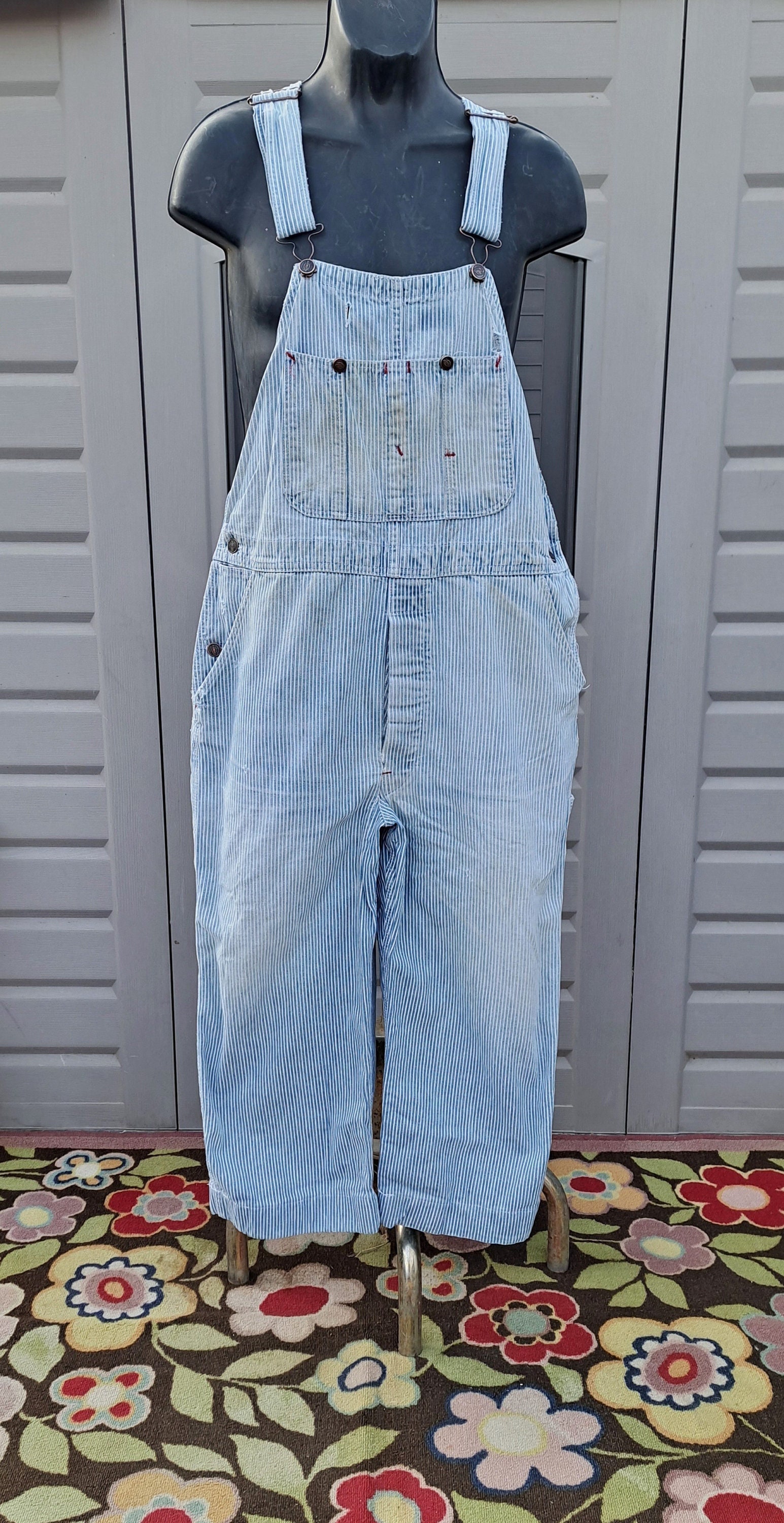 Vintage Dickies Striped Distressed Denim Overalls Capri Length up to 39 ...