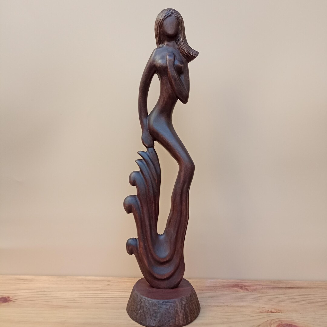 Wood Sculpture Mermaid Wood Carving Boho Home Decor Hand Carved Statue ...