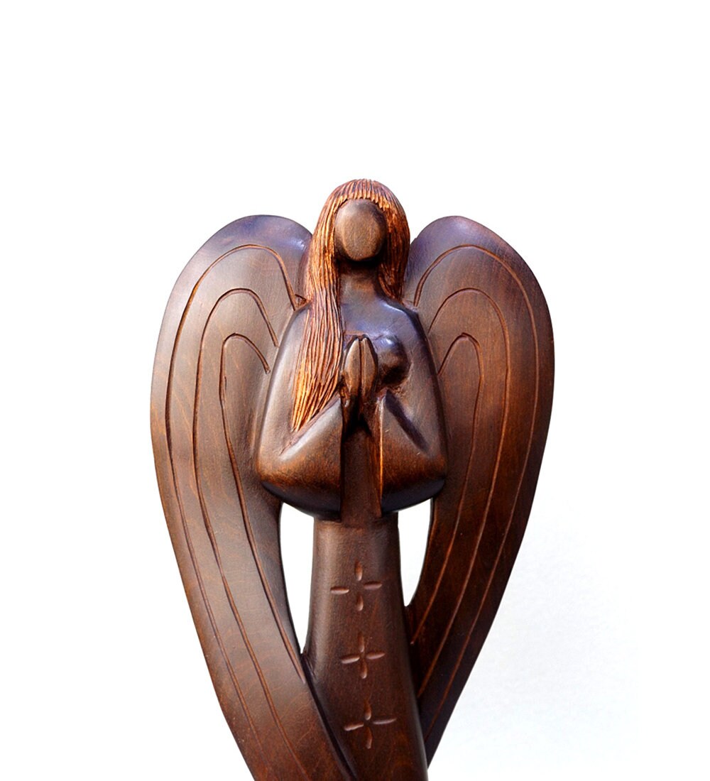 Wood Sculpture Guardian Angel Hand Carved Statue Valentine's - Etsy